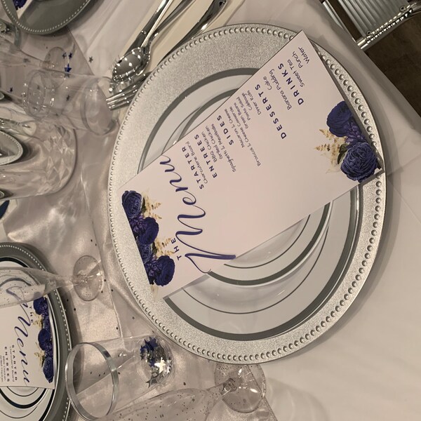 Editable Menu Card Template, Royal Blue and Gold Menu Cards, Floral ...