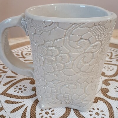 Wedding White Lace Mug, Colleen Deiss Designs, Ceramic Coffee Cup, Slab ...