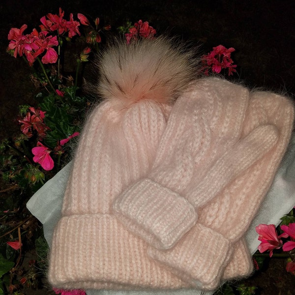 Knitted Hat Mittens Set, Pink Angora Hat, Fluffy Womens Hat, Winter Pom ...
