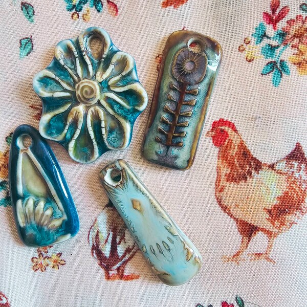 Set Ceramic Pendants, 4 Artisan Pendants of Porcelain, Boho Necklace ...