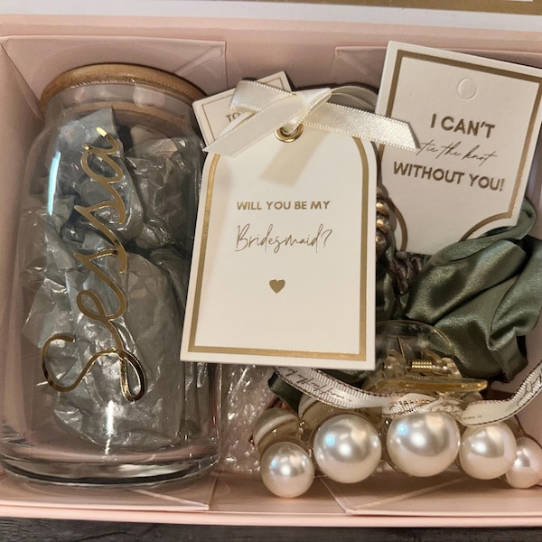 Bridesmaid Proposal Box: Personalized Glass, Hair Accessories Gift Set ...