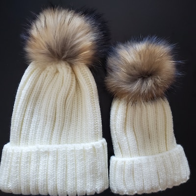 Adult Double Pom Pom Hat Matching Adult and Baby Real Fur Pom Pom Hat ...