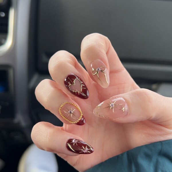Love and Glam Stylish Y2K Acrylic Nails,custom Hand Painted Bow Red ...