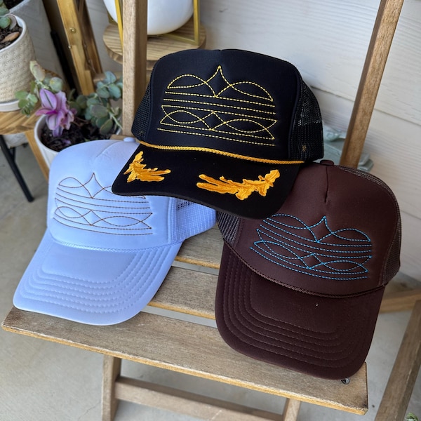 Embroidered Boot Stitch Trucker Hat - Customizable Western Cap - Etsy