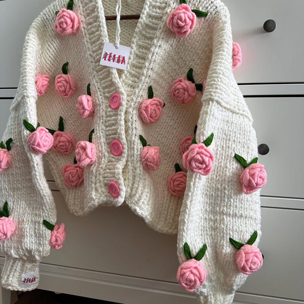 Leilayca Pink Roses Cardigan , Chunky Cropped Cardigan for Woman ...