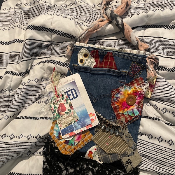 Short Khaki Women’s Embellished Patchwork Summer Skirt Refashioned Sz ...