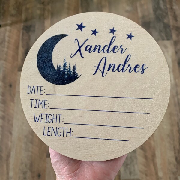 Birth Stat Sign, Round Wood Birth Stat Sign, Moon and Stars Nursery ...
