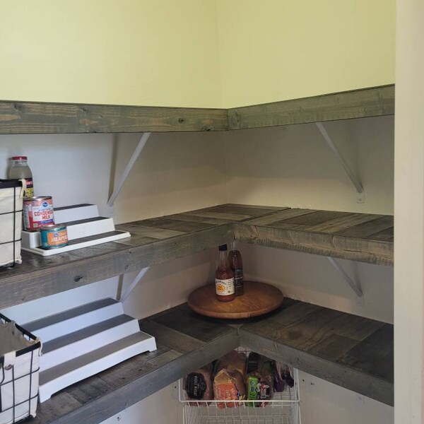 Custom Rustic Gray Wood Shelf Metal Wire Rack Cover Pantry Kitchen Home ...