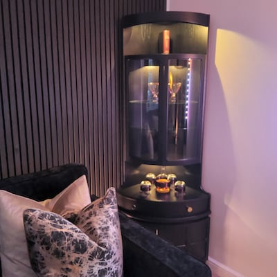 Tall Nathan Curved Corner Drinks Cabinet With Light and Geometric ...