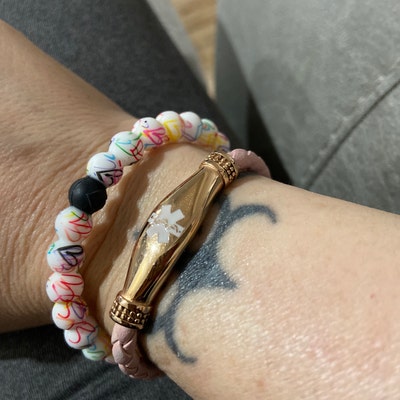 No BP IV Needles Rose Gold Stainless Pink Leather Medical Bracelet - Etsy
