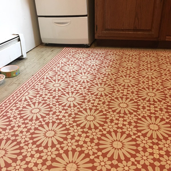 Vinyl Area Rug With Moroccan Tiles Design in Blue and Beige. Linoleum ...