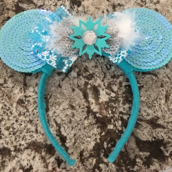 Elsa Frozen Sequin Inspired Minnie Mouse Ears Headband Anna Olaf Ice ...