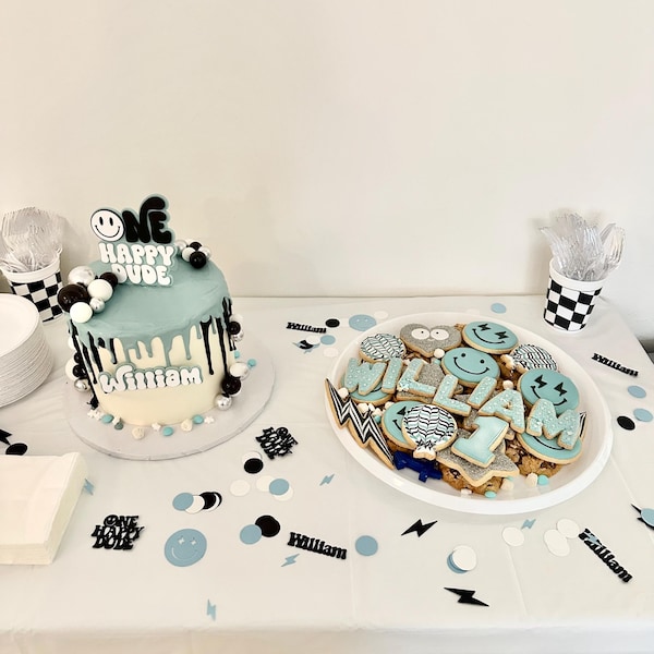 One Happy Dude Cake Topper Blue Smiley Face Acrylic Charm Boys Birthday ...