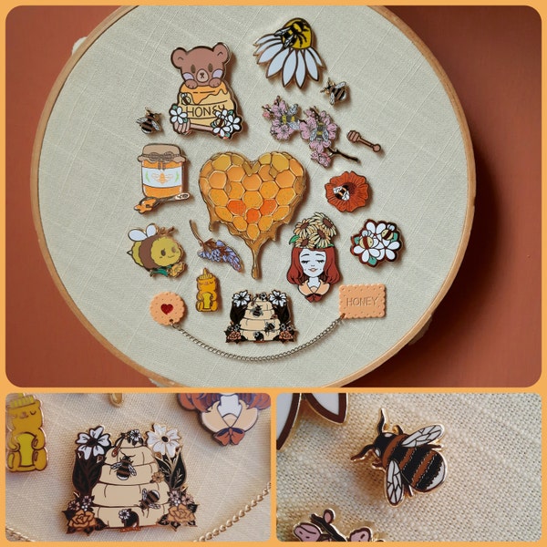 Beehive Hard Enamel Pin, Honeybee Floral Flowers Botanical Animal ...