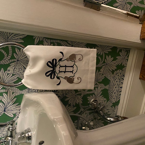 Grandmillenial Monkey Monogrammed Linen Hand Guest Towel, Huck Towel ...