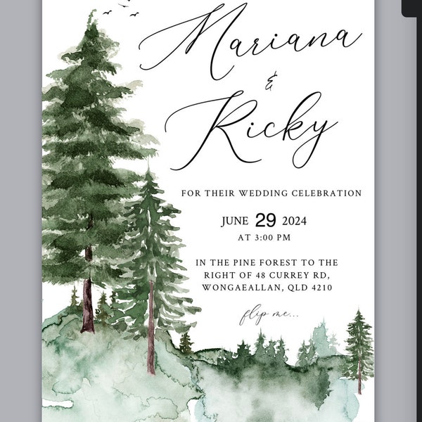 PINE TREE | Wedding Invitation Template With Photo, Printable, Green ...