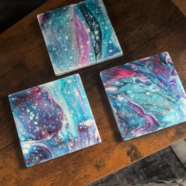 Ceramic Tile Coasters Handmade With Acrylic Paint Pouring Technique and ...