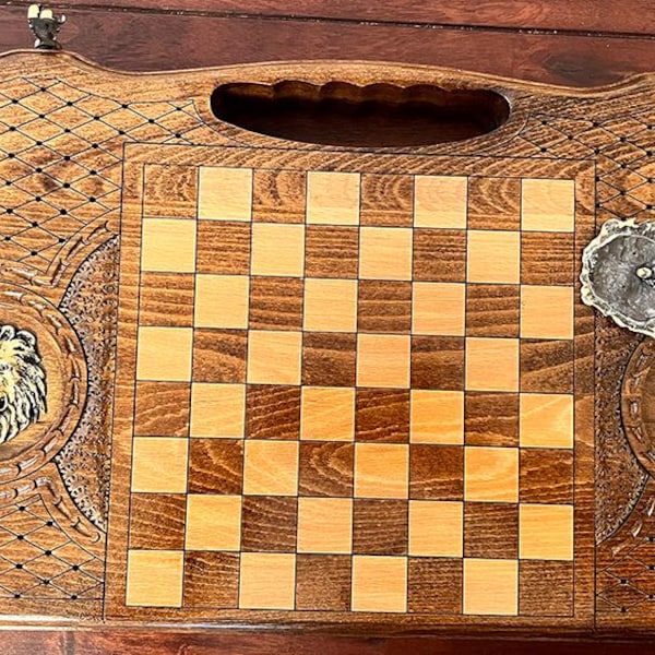 Custom Engraved Chess Table W/ Lion, Wooden Chess Set, Checker Board ...