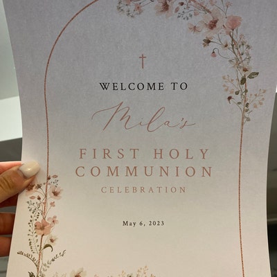 First Communion Welcome Sign Template, Rustic Pink Flower Arch ...