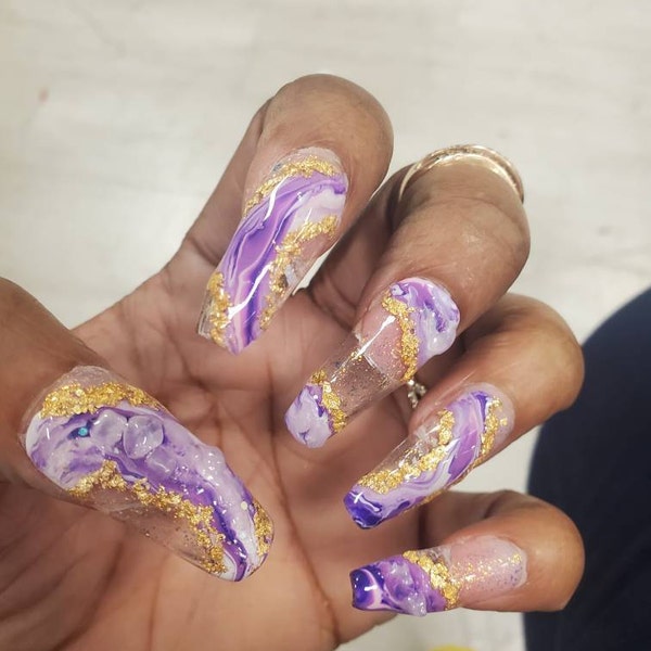 Purple Amethyst Geode Press on Nails With Real Rose Quartz | Fake Nails ...