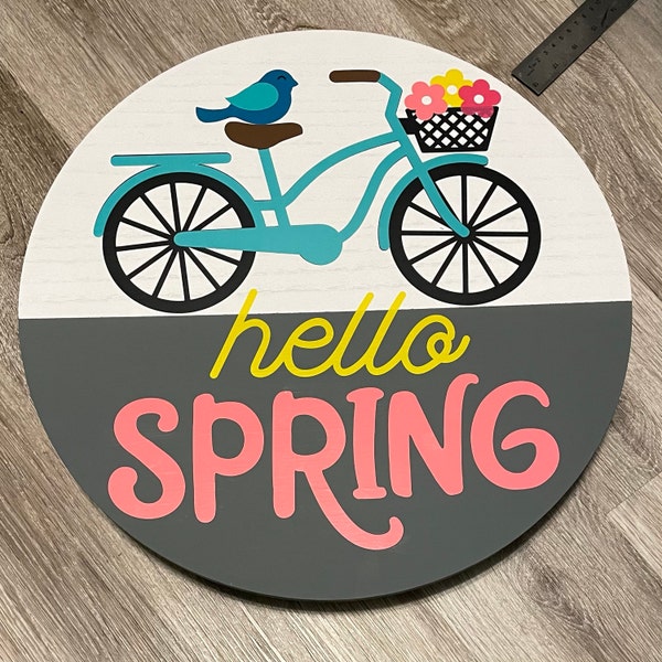 Hello Spring Bicycle Sign, Round Door Hanger Svg, Glowforge Laser Cut ...