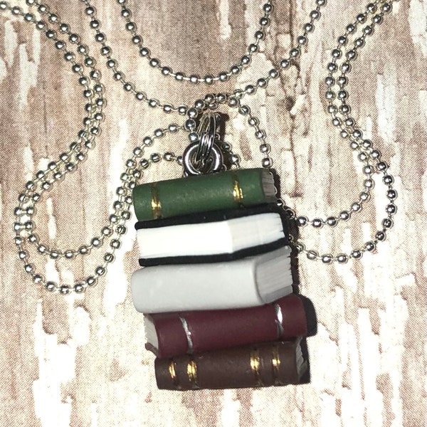 Vintage Book Stack Polymer Clay Hand Sculpted Miniature Necklace ...