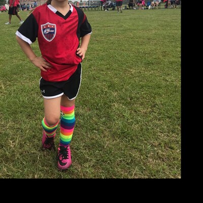 Girls Soccer Socks Rainbow Knee High Socks Soccer Hair Bow Black White ...