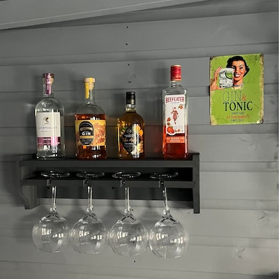Grey Rustic Wooden Gin Shelf to Hold 4 Glasses/bottles Wall Mounted ...