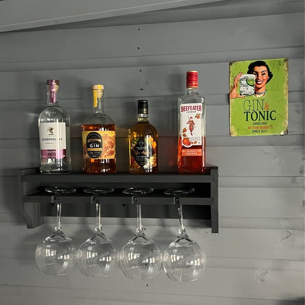 Grey Rustic Wooden Gin Shelf to Hold 4 Glasses/bottles Wall Mounted ...