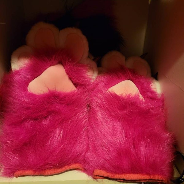 Handmade Cream-blue Cat Paw Cosplay Gloves Faux Fur Fluffy Kitten Puppy ...