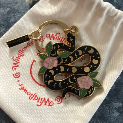 Snake Enamel Pin Magical W. Moon Phases & Flowers Black Gold Serpent ...
