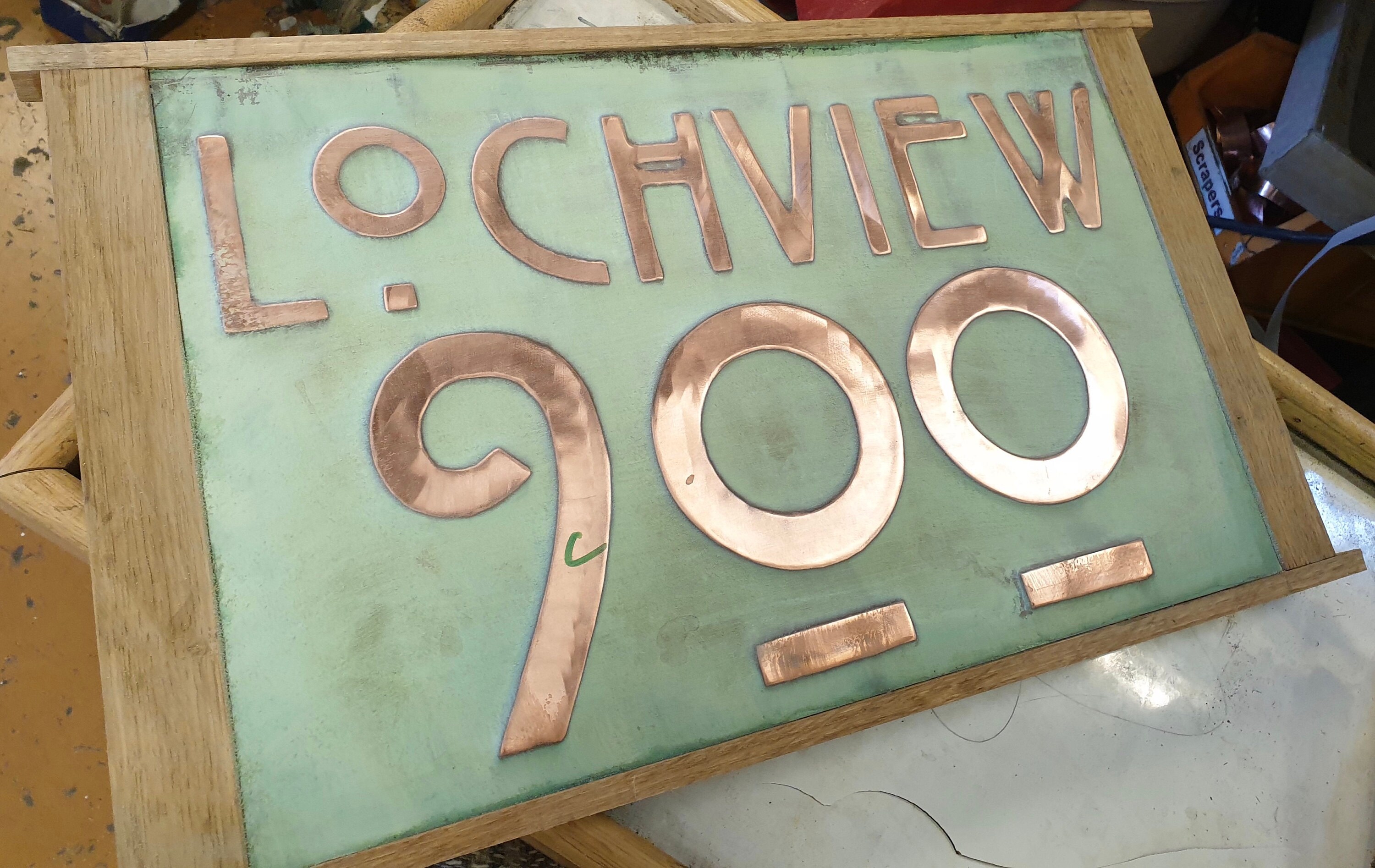 Arts and Crafts Copper house sign with oak frame in 3/75mm high letters hgs