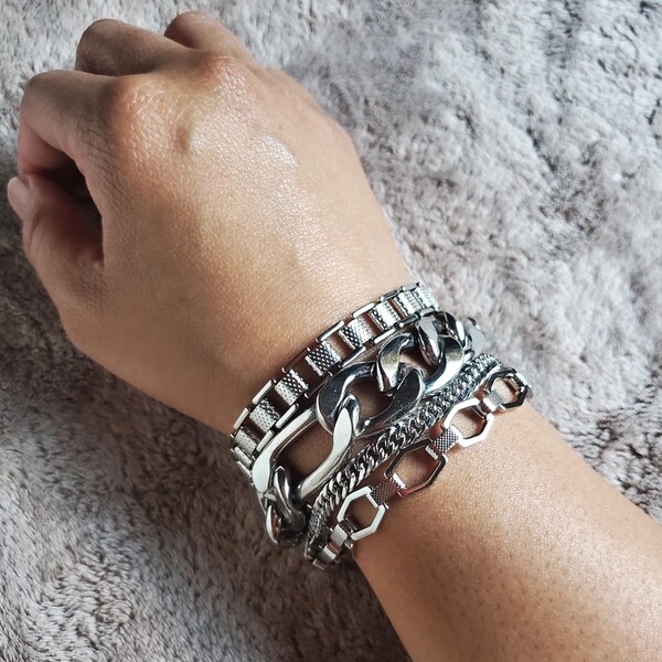 Chunky Multi Layer Silver Bracelet With Heart Charm for Women Bold ...