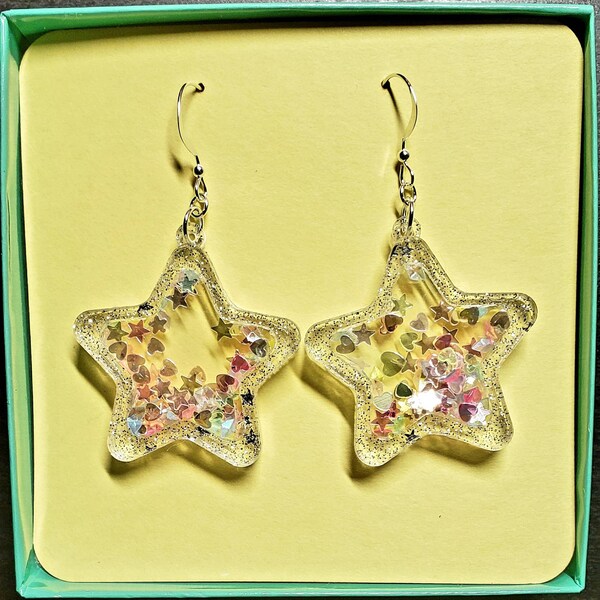 Shaker Star With Heart and Star Glitter Blacklight Reactive Earrings ...