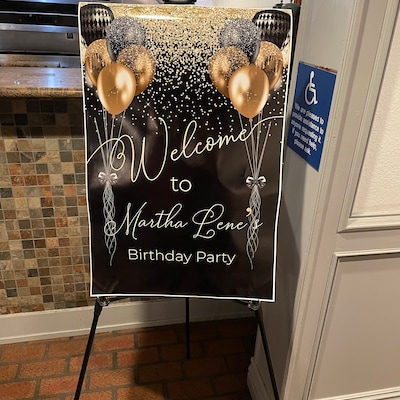 Black and Gold Birthday Welcome Sign, Gold Balloon Birthday Welcome ...