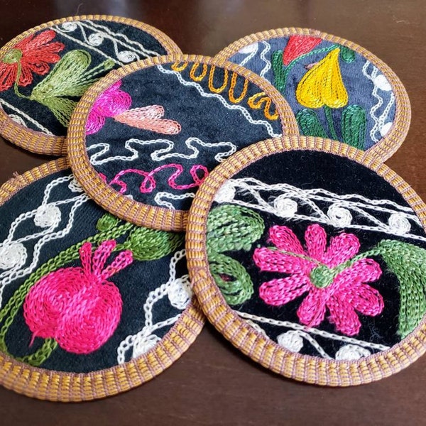 Embroidered Fabric Coaster Set Fabric & Vinyl Backing - 6 Pieces ...
