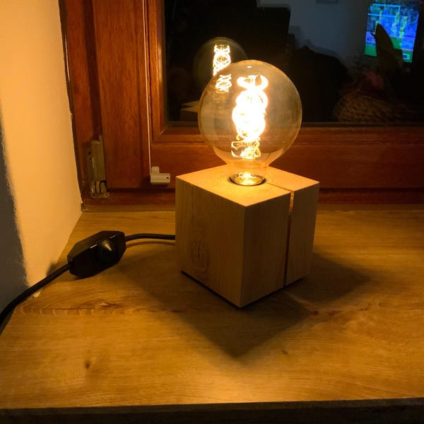 EDISON Table Lamp Solid Oak Wood E27 / Optical Dimmer / Industrial ...
