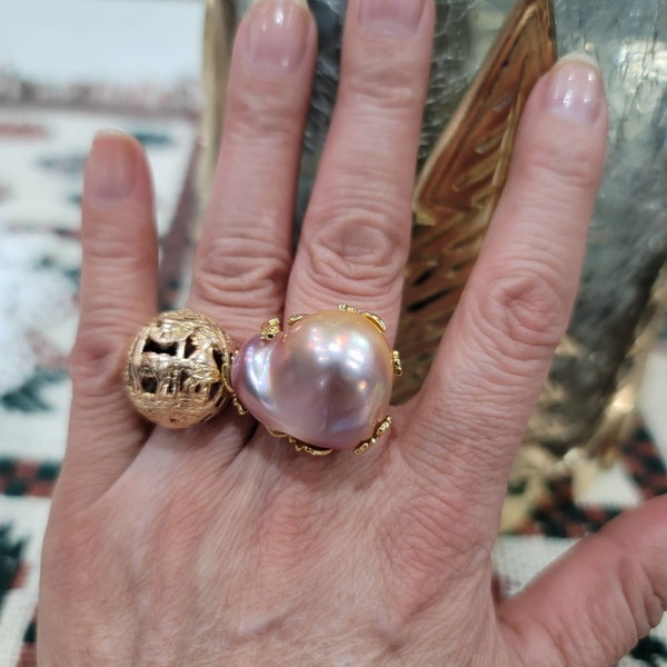 Large Baroque Pearl in 925 Silver Ring, 21MM Kasumi Pearl and Vermeil ...