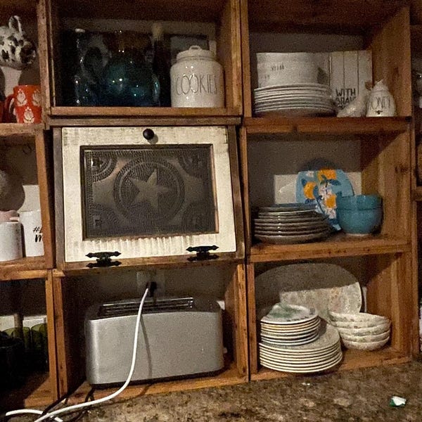 Rustic Wood Bread Box Large Kitchen Counter Storage Punched Star Tin ...