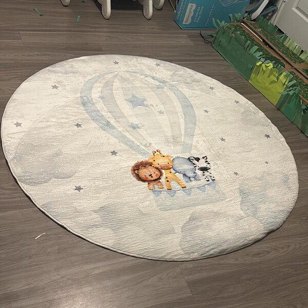 Cute Safari Themed Carpet With Car, Baby Gift, Area Rug,hot Air Balloon ...