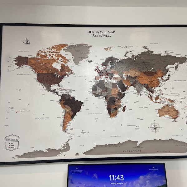 World Map Wall Art, Framed Wall Decor, Canvas Mounted Map, Push Pin Map ...
