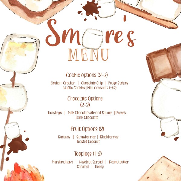 Editable Smore Bar Menu Sign Template Smore Bar Menu Station Sign Smore ...