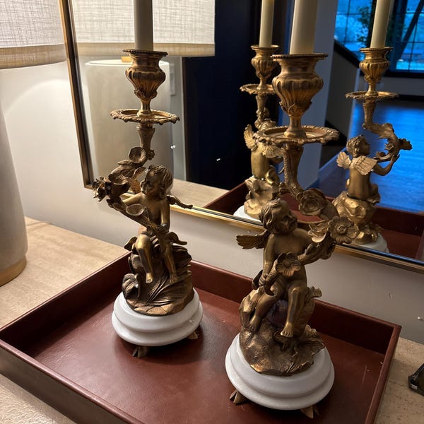 Pair Set Candlesticks Granite and Bronze - Angel Candlestick ...