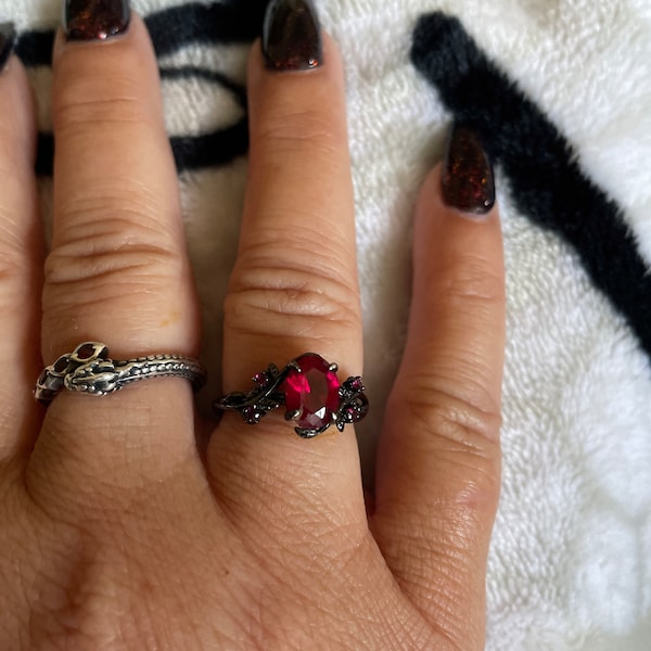 Nature Inspired Leaf Ruby Ring Set Black Gold Branch Twig Lab Ruby ...