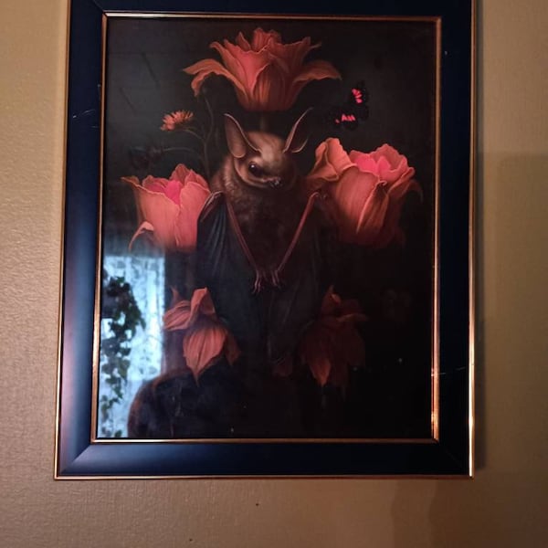 Vintage Bat Painting | Bat in Spring Flowers Antique Painting, Orange ...