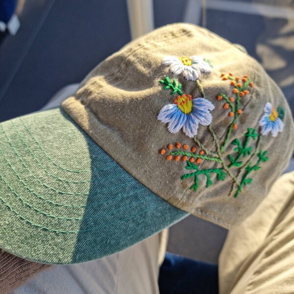 Hand Embroidered Daffodils Flower Hat Cap, Wash Cotton Baseball Cap, 2 ...