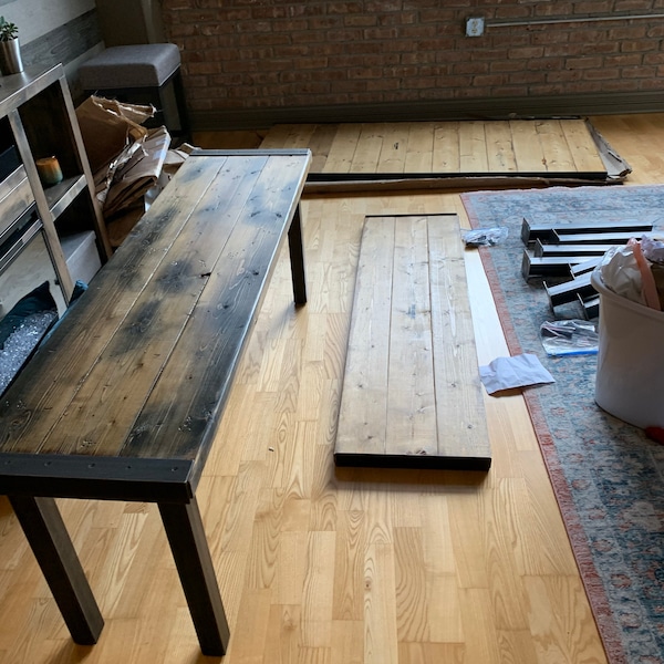 Reclaimed Distressed Custom Industrial Bench, Wood, Straight Steel 2x2 ...