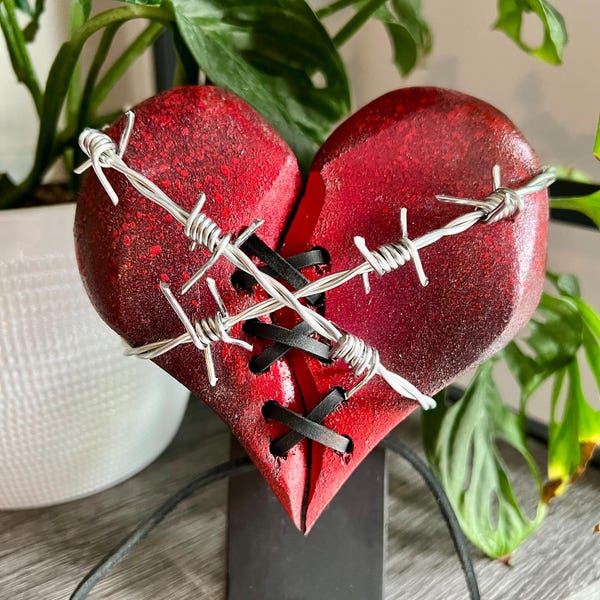 Handmade Leather Stitched Kintsugi Heart Sculpture: Barbed Wire & Steel ...