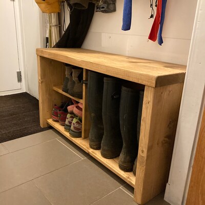 Farmhouse Shoe Rack Boot Rack Bench Solid Chunky Wood Antique Wooden ...
