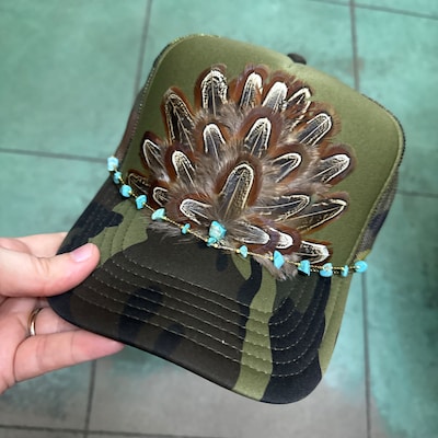 FEATHER Trucker Hat With Turquoise Stone, Western Fashion Black White ...